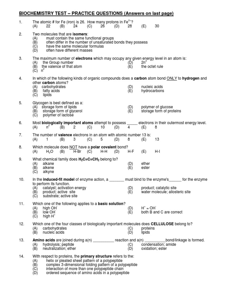 Biochemistry Practice Test Questions | PDF | Active Site | Biochemistry