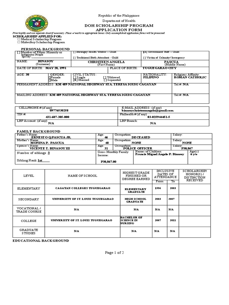 Doh Scholarship Program Application Form: Personal Background | PDF ...