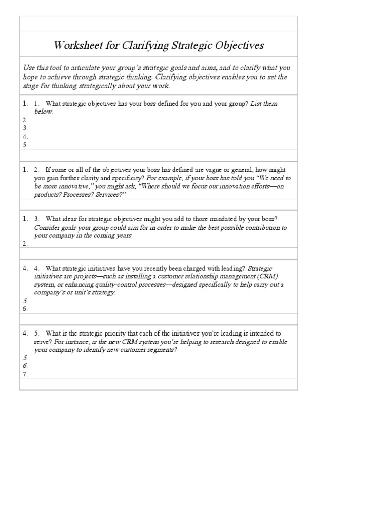 Worksheet For Clarifying Strategic Objectives | PDF