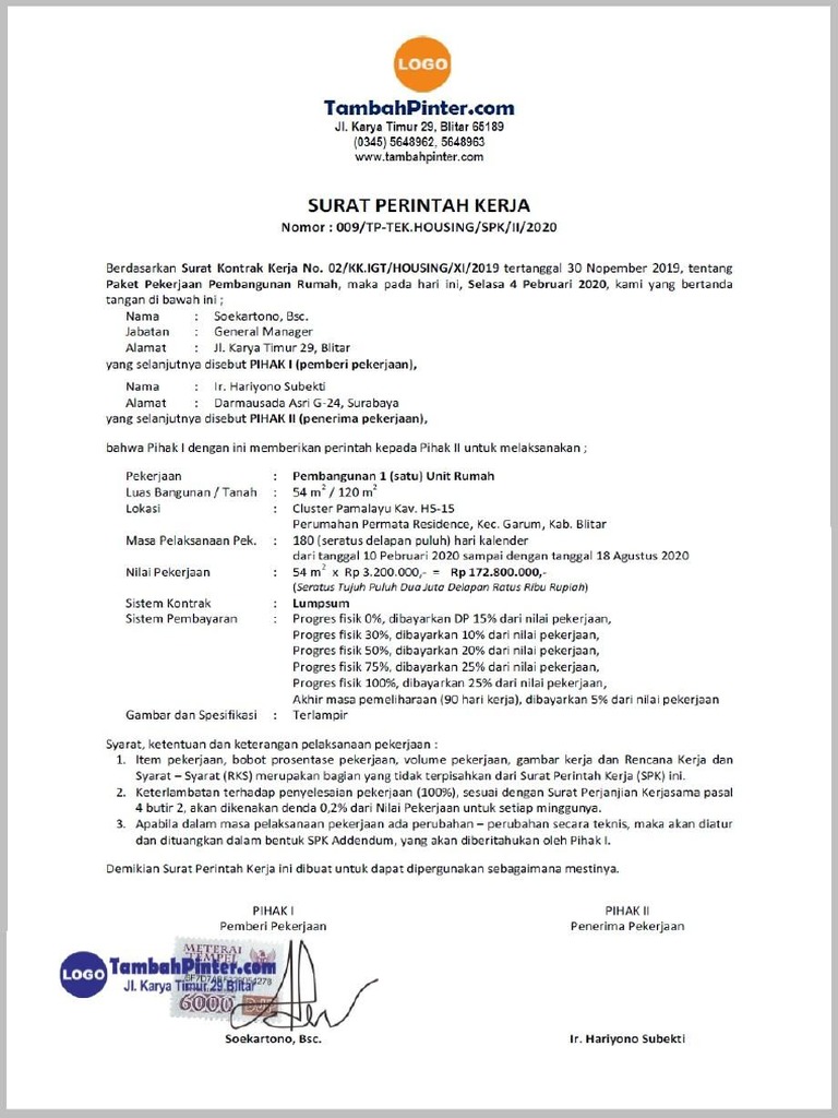 1 Contoh Surat Perintah Kerja Pembangunan Rumah | PDF