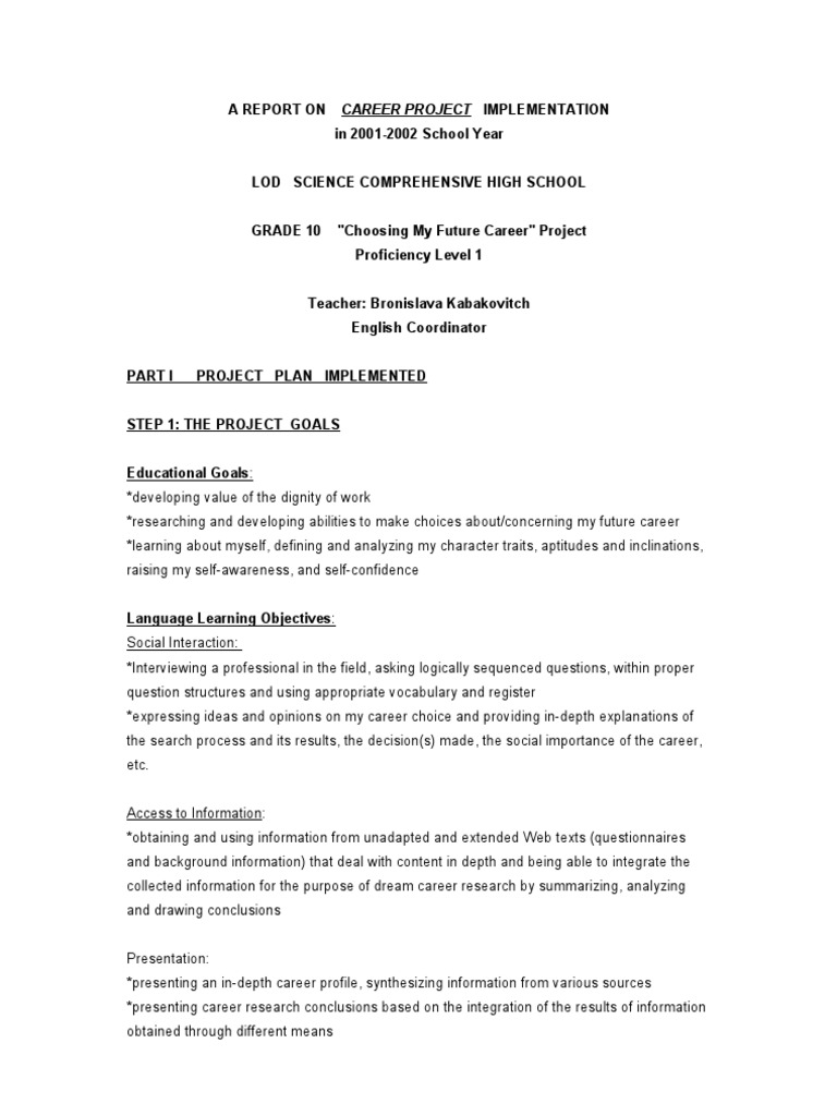 Career S Project 10th Grade | PDF | Rubric (Academic) | Question