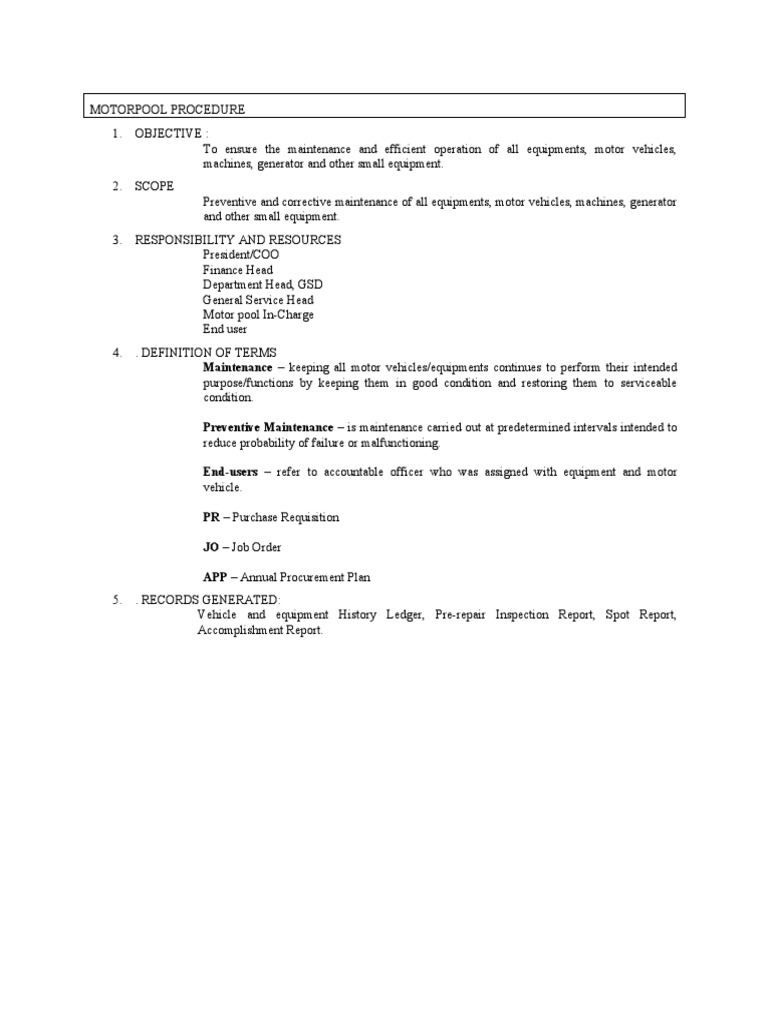 Motorpool Procedure | PDF | Procurement | Computing