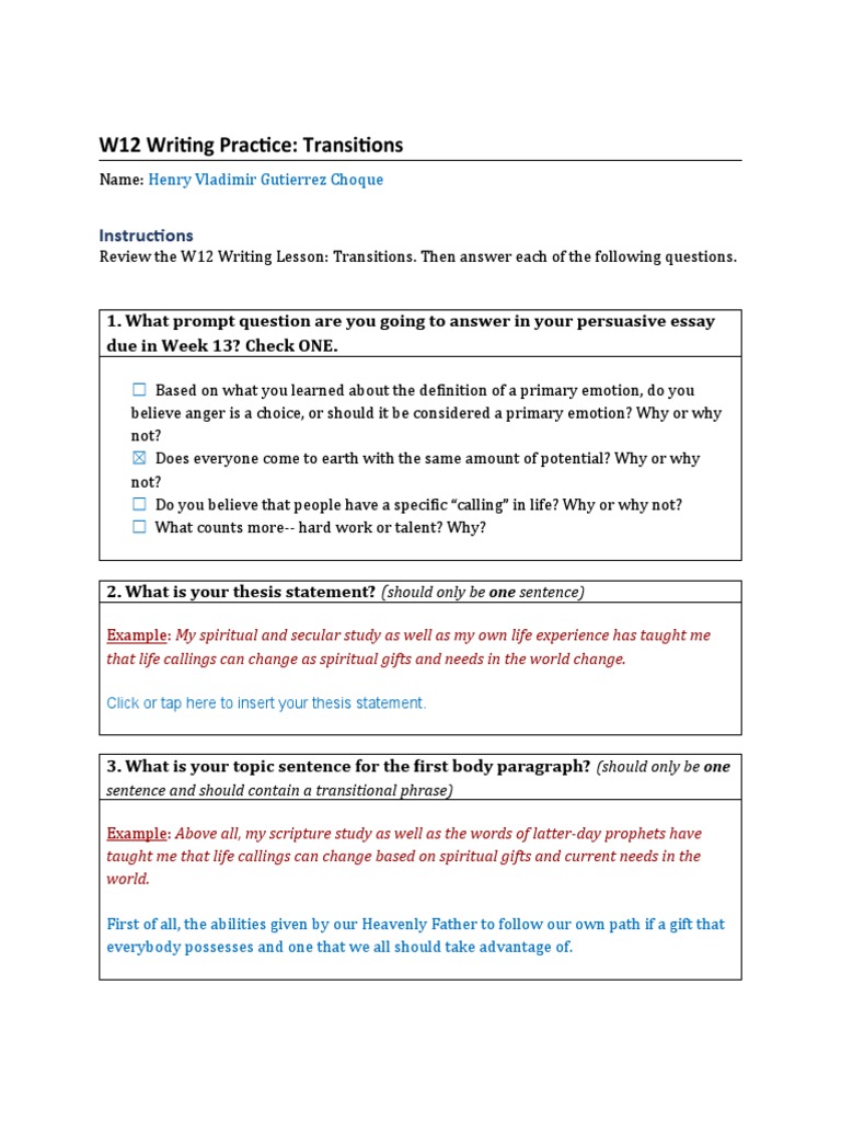 W12 Writing Practice: Transitions: Instructions | PDF | Career & Growth