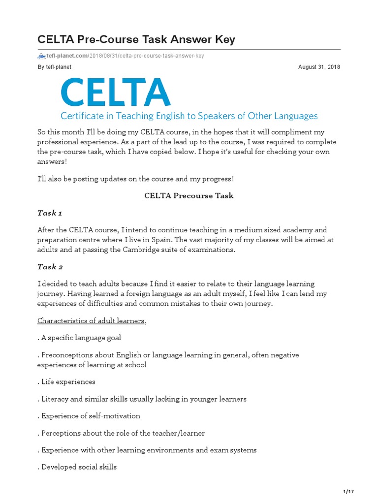CELTA Pre-Course Task Answer Key | PDF | Verb | Syntax