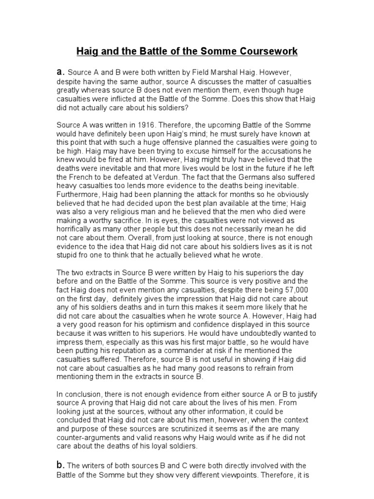 Haig and The Battle of The Somme Coursework | PDF | Battle Of The Somme ...