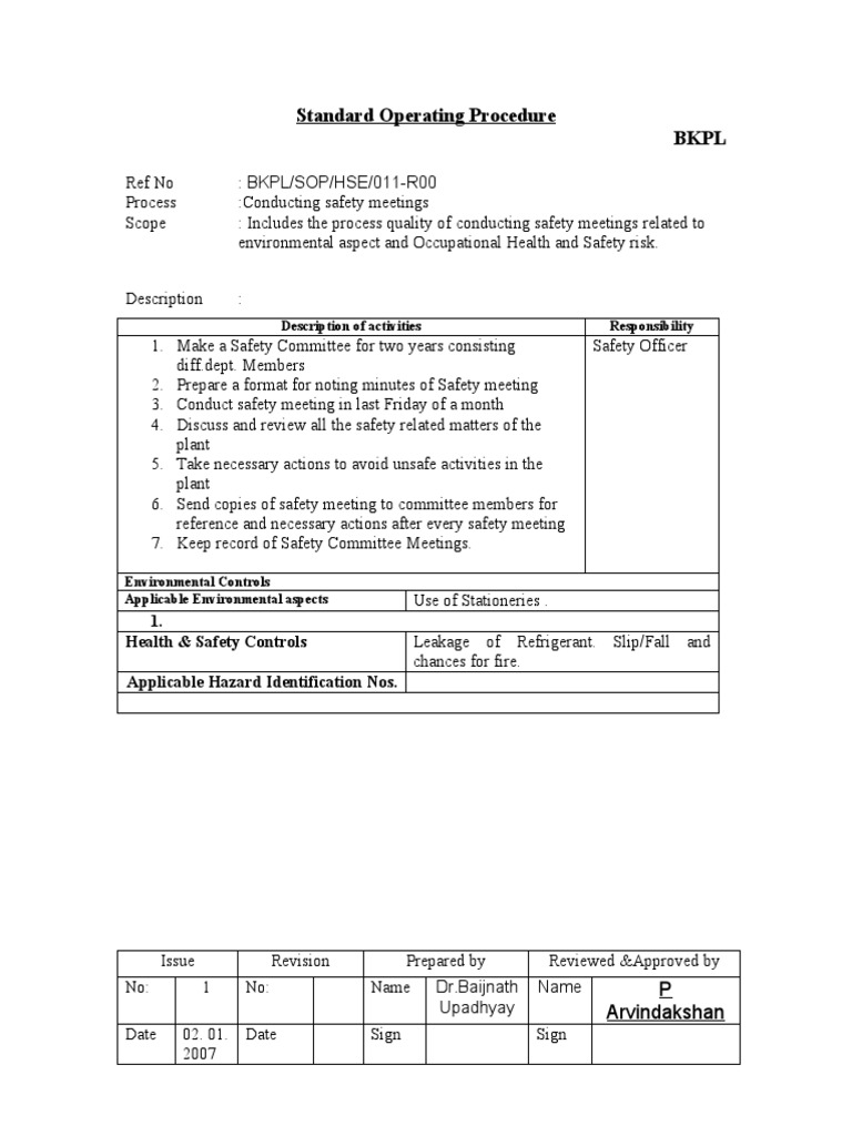 SOP For Conducting Safety Meetings | PDF