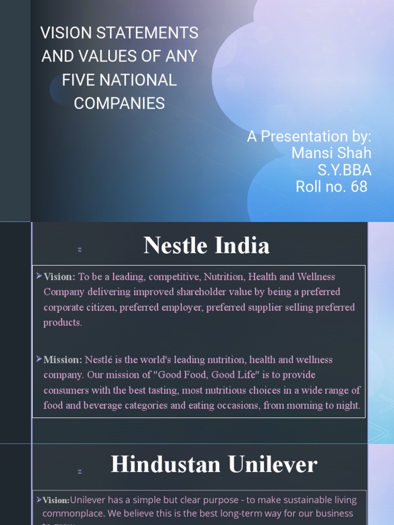 Vision Statements and Values of Any Five National Companies: A ...