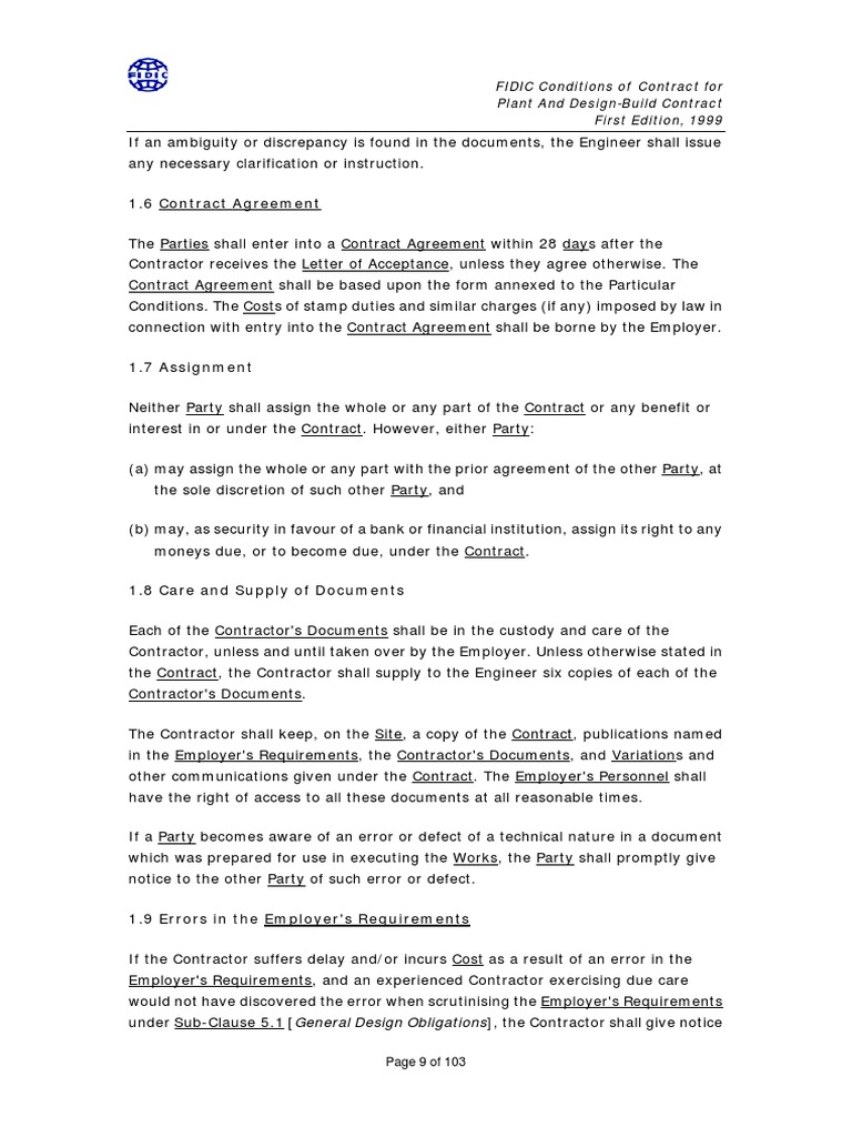 1.6 Contract Agreement: FIDIC Conditions of Contract For Plant and Design-Build Contract First ...