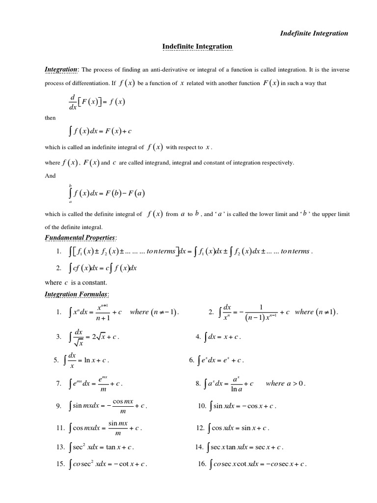 Indefinite Integration | PDF | Integral | Area
