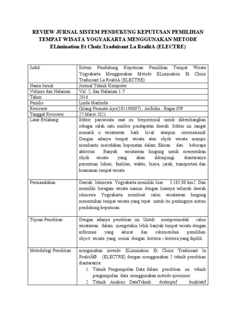Review Jurnal Sistem Pendukung Keputusan Pemilihan Tempat Wisata | PDF | Bisnis | Komputer