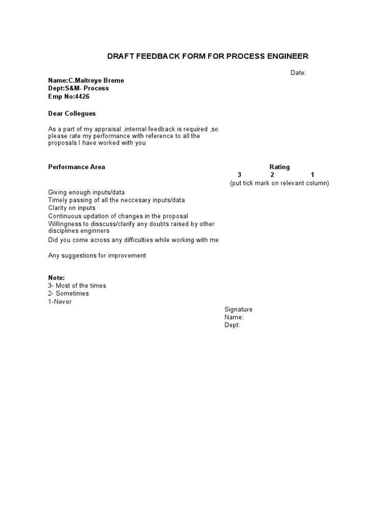 Draft Feedback Form For Process Engineer: Name:C.Maitreye Breme Dept:S ...