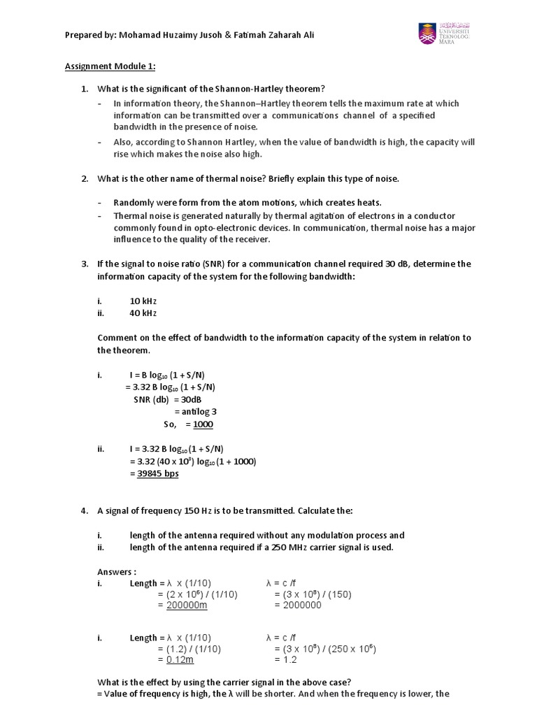 Assignment Module 1 Questions | PDF | Bandwidth (Signal Processing) | Signal To Noise Ratio