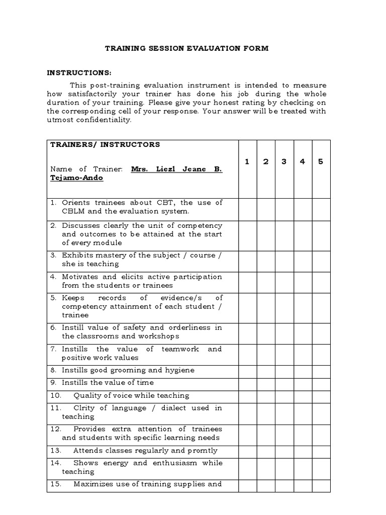 Training Session Evaluation Form Instructions | PDF | Educational Technology | Evaluation