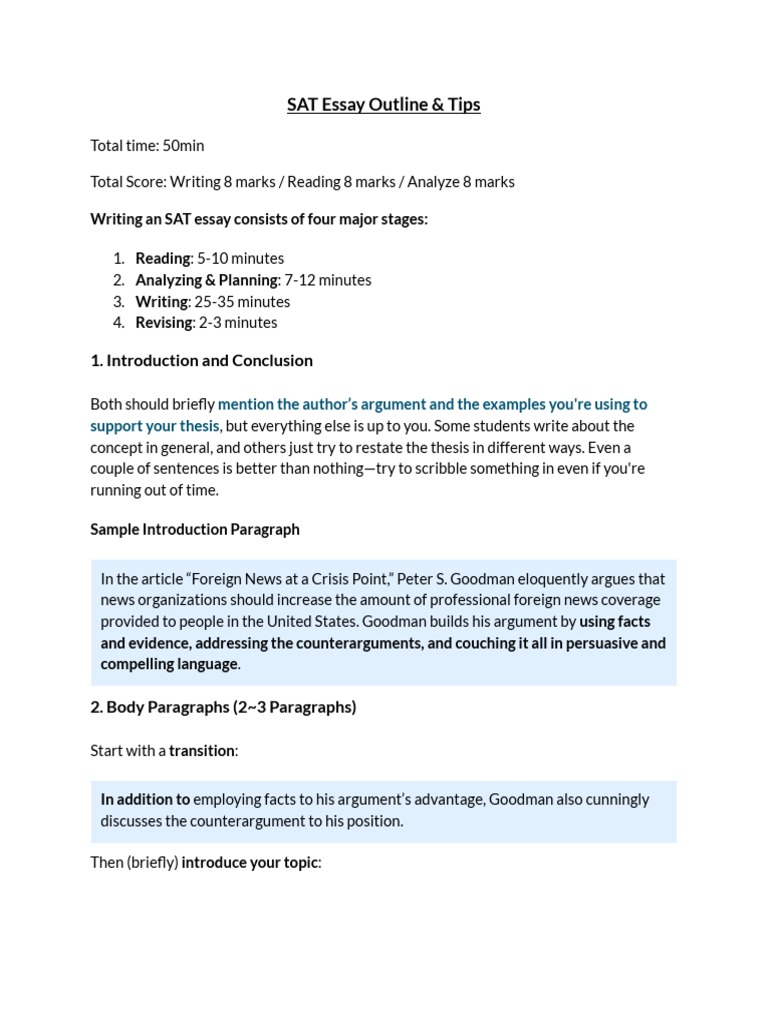 SAT Essay Outline & Tips | Download Free PDF | Sat | Essays