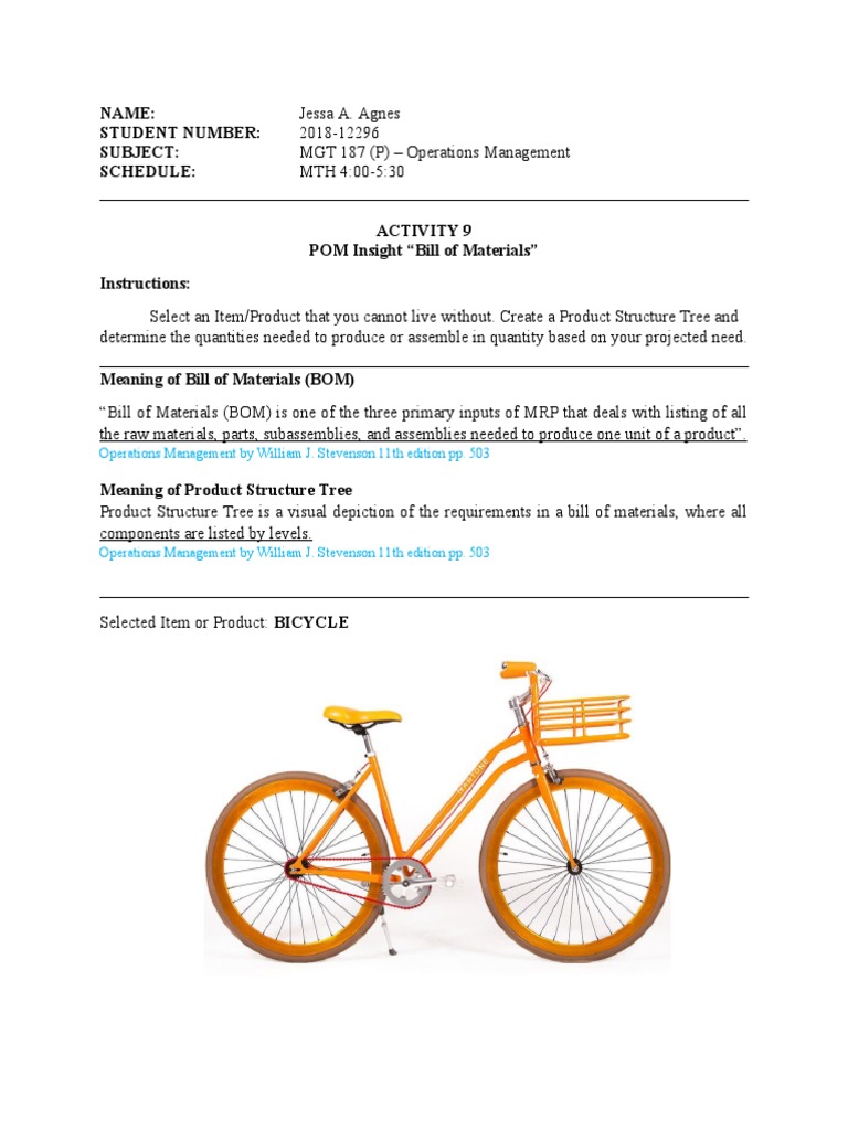 Deconstructing Bicycles: A Product Structure Tree and Bill of Materials ...