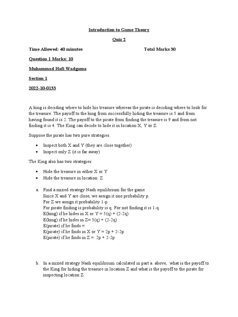 Game Theory Quiz 2 | PDF | Mathematical Economics | Economics Of ...