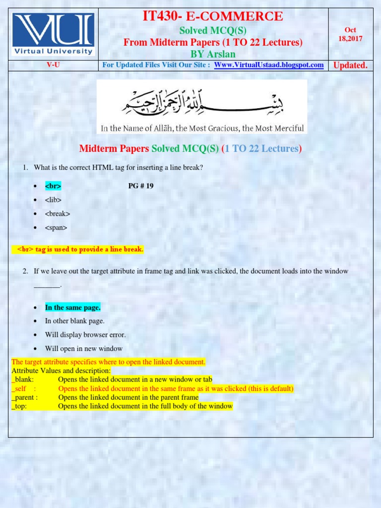 IT430-MidTerm MCQs With Reference Solved by Arslan | PDF | Html Element | Html