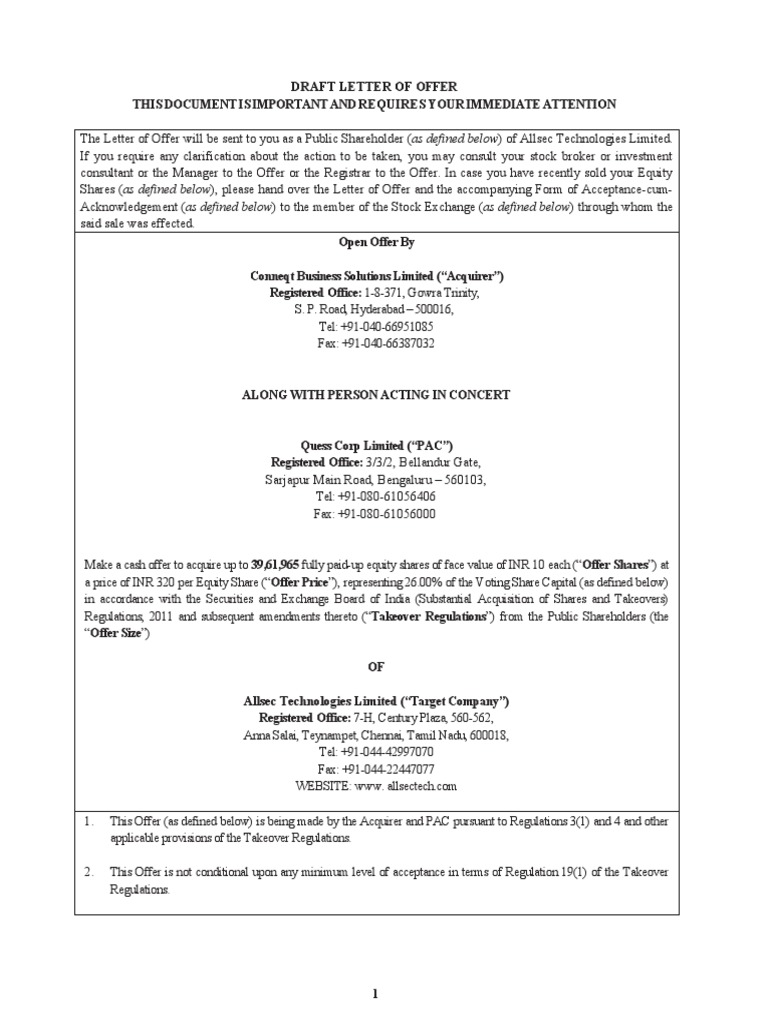 Draft Letter of Offer | Download Free PDF | Takeover | Stocks