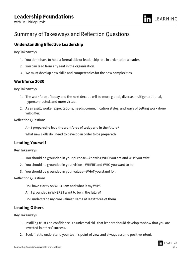 Summary of Takeaways and Reflection Questions | PDF | Leadership ...