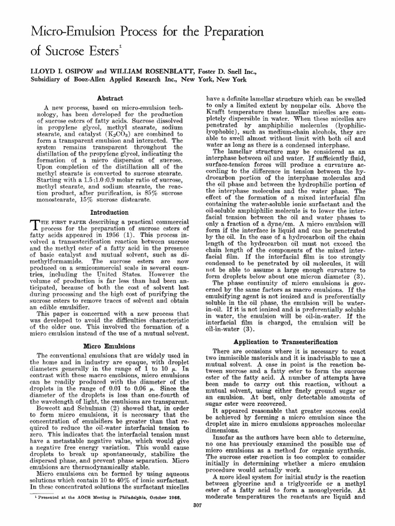 Microemulsion Process For The Preparation of Sucrose Esters Osipow1967 ...