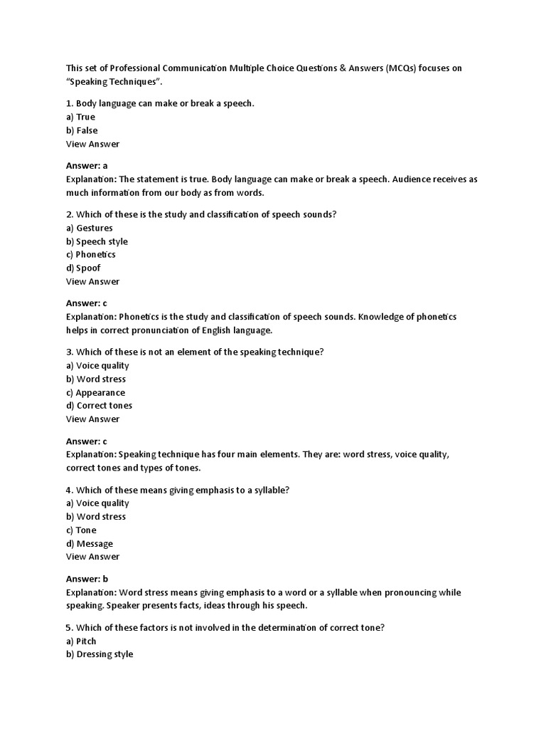 Speaking Techniques MCQs for Professionals | PDF | Verb | Sentence ...