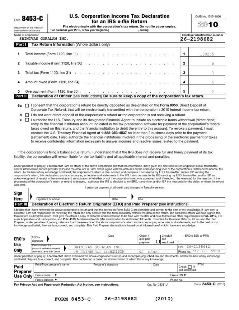 U.S. Corporation Income Tax Declaration For An IRS E-File Return ...