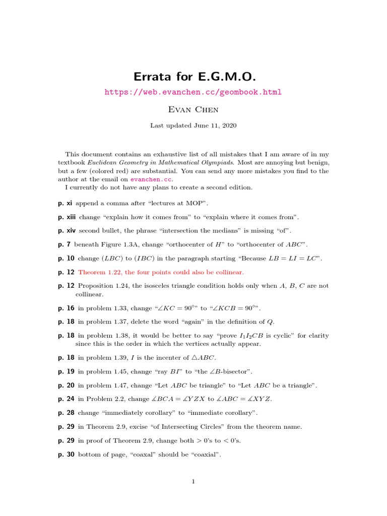 Errata For E.G.M.O.: Evan Chen | PDF | Triangle | Elementary Mathematics