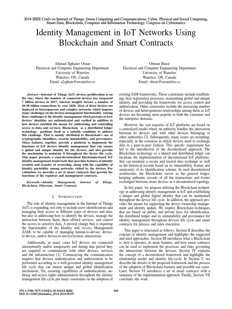 Identity Management in IoT Networks Using Blockchain and Smart Contracts | PDF | Internet Of ...