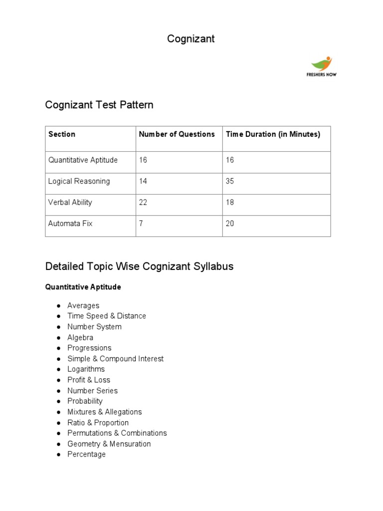 Cognizant: Section Number of Questions Time Duration (In Minutes) | PDF