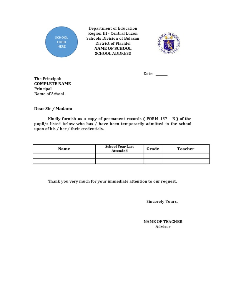 Sample LETTER OF REQUEST FOR SCHOOL FORM 137 | PDF