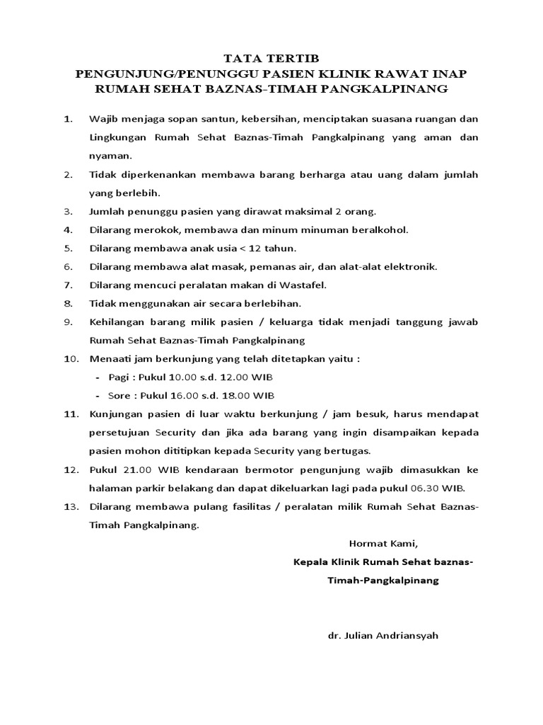Tata Tertib Klinik Rawat Inap RSB PKP | PDF