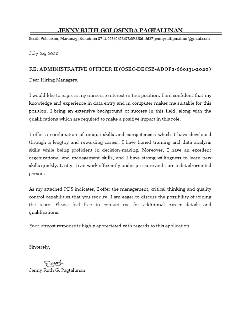 Administrative Officer Ii Application Letter | PDF