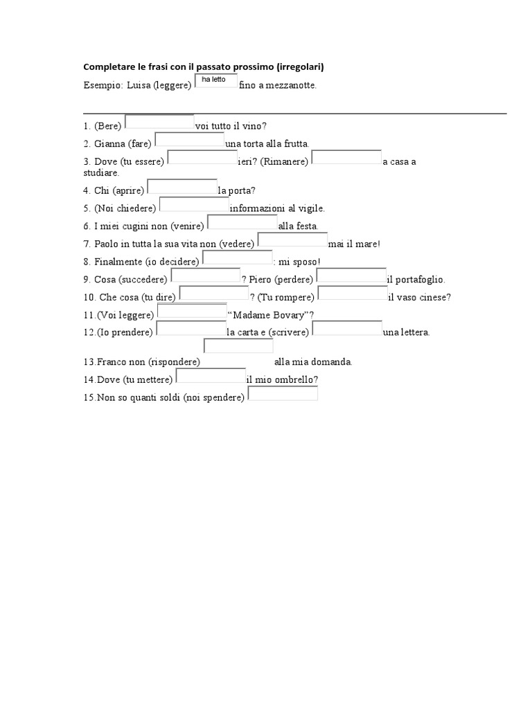 Completare Le Frasi Con Il Passato Prossimo | PDF