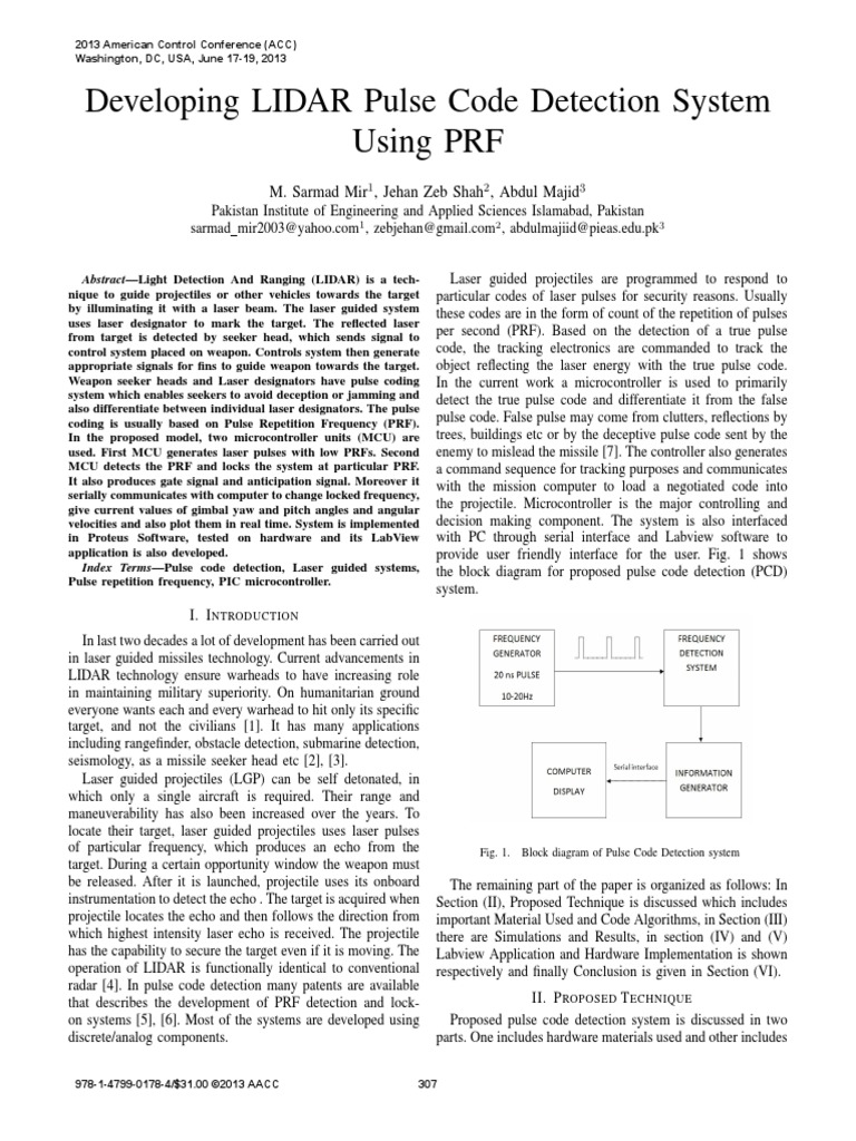 Developing LIDAR Pulse Code Detection System Using PRF: M. Sarmad Mir, Jehan Zeb Shah, Abdul ...