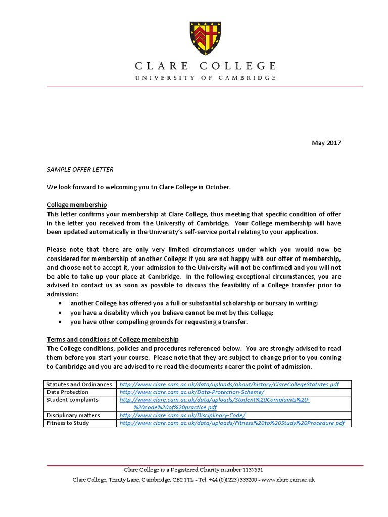 Cambridge College Membership Offer Letter | PDF | University Of ...