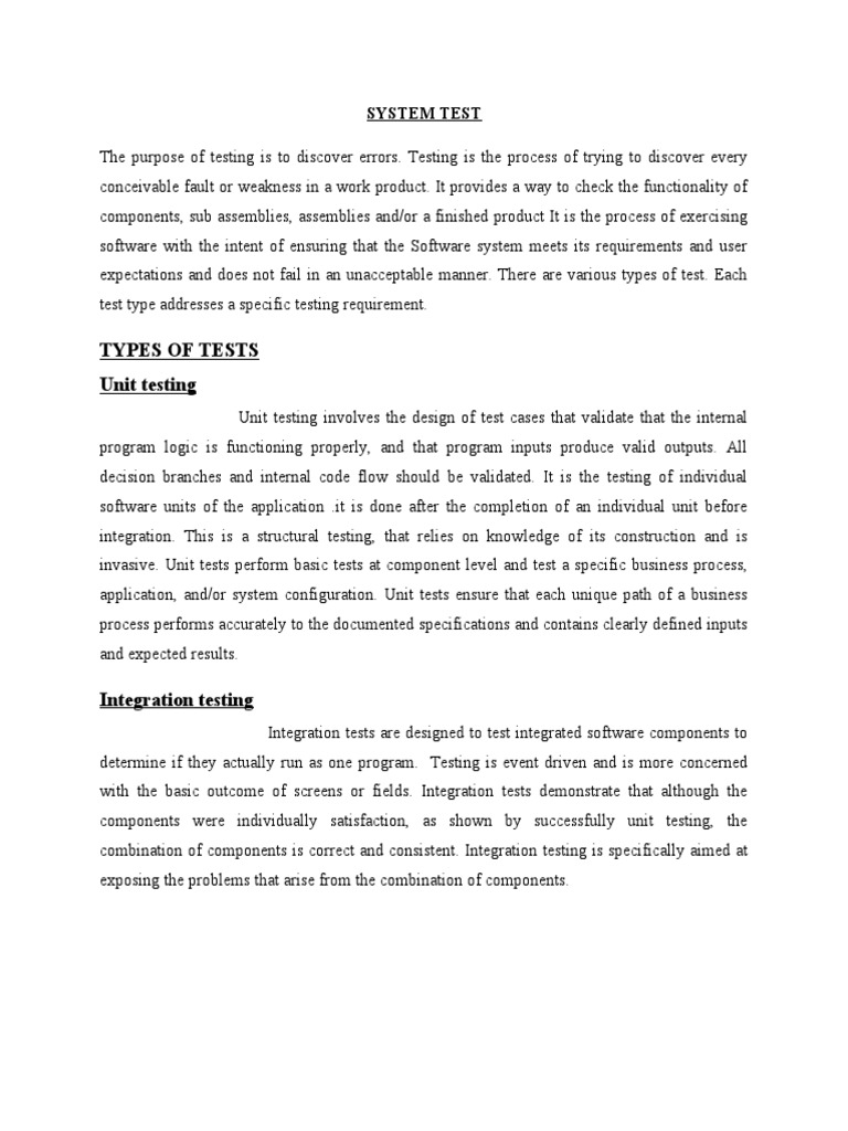 Types of Tests Unit Testing: System Test | PDF | Software Testing ...