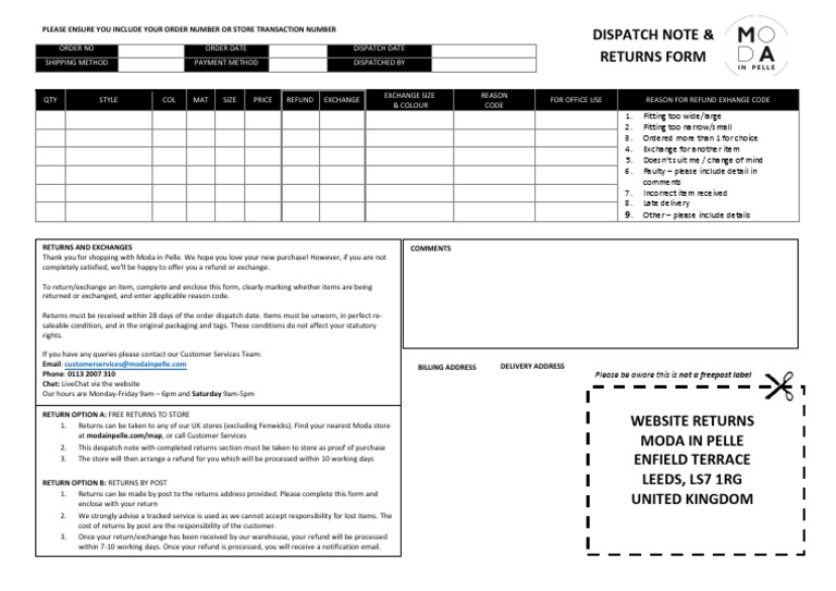 Dispatch Note & Returns Form: Order No Order Date Dispatch Date ...