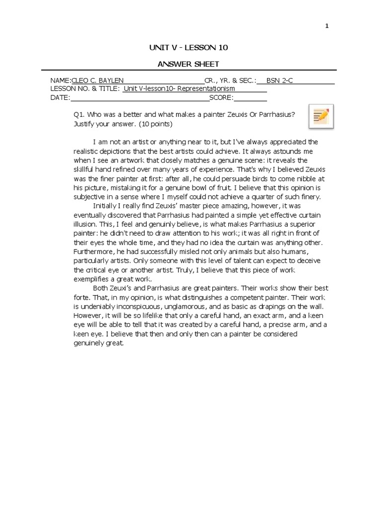 BAYLEN, CLEO, C. - Unit V-Lesson10 - Representationism | PDF ...