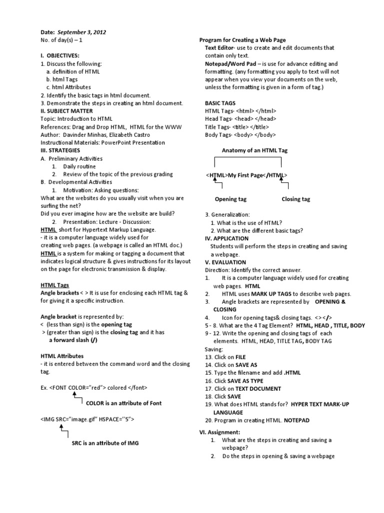 HTML Lesson Plan Nov 2015 | PDF | Html Element | Html