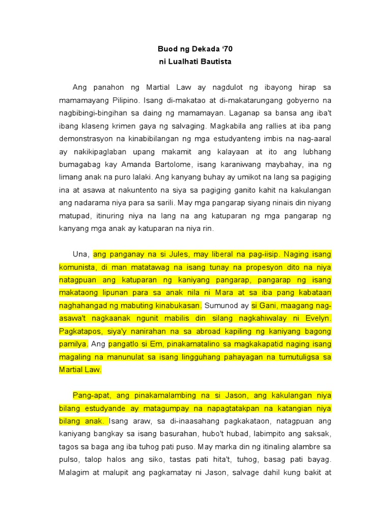 Buod NG Dekada '70 | PDF