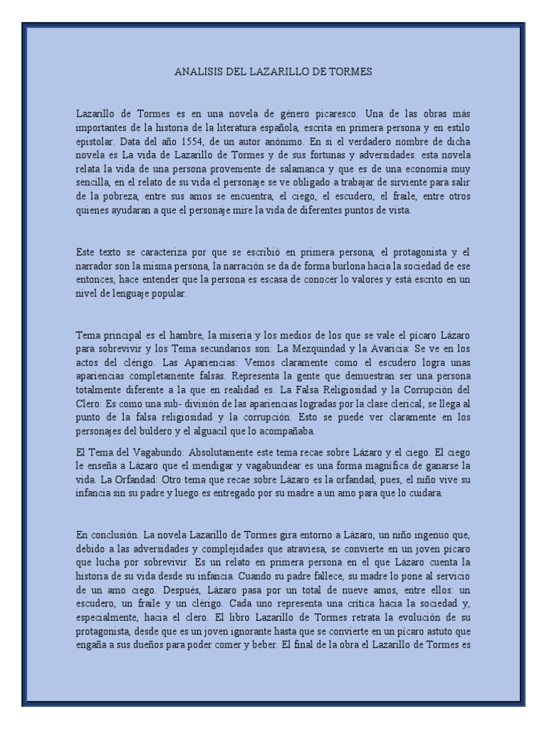 Análisis de "Lazarillo de Tormes" | PDF