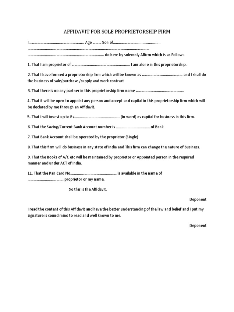 Affidavit For Sole Proprietorship Firm | PDF