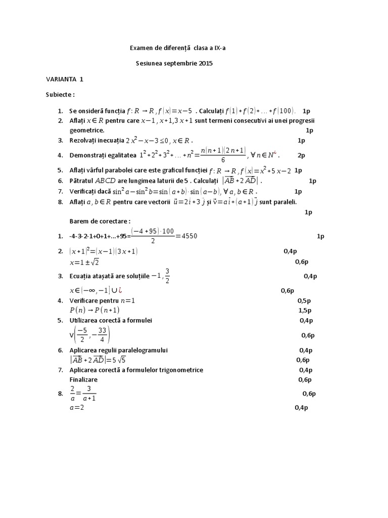Examen - de - Diferenta - Clasa - A - Ix Matematica | PDF