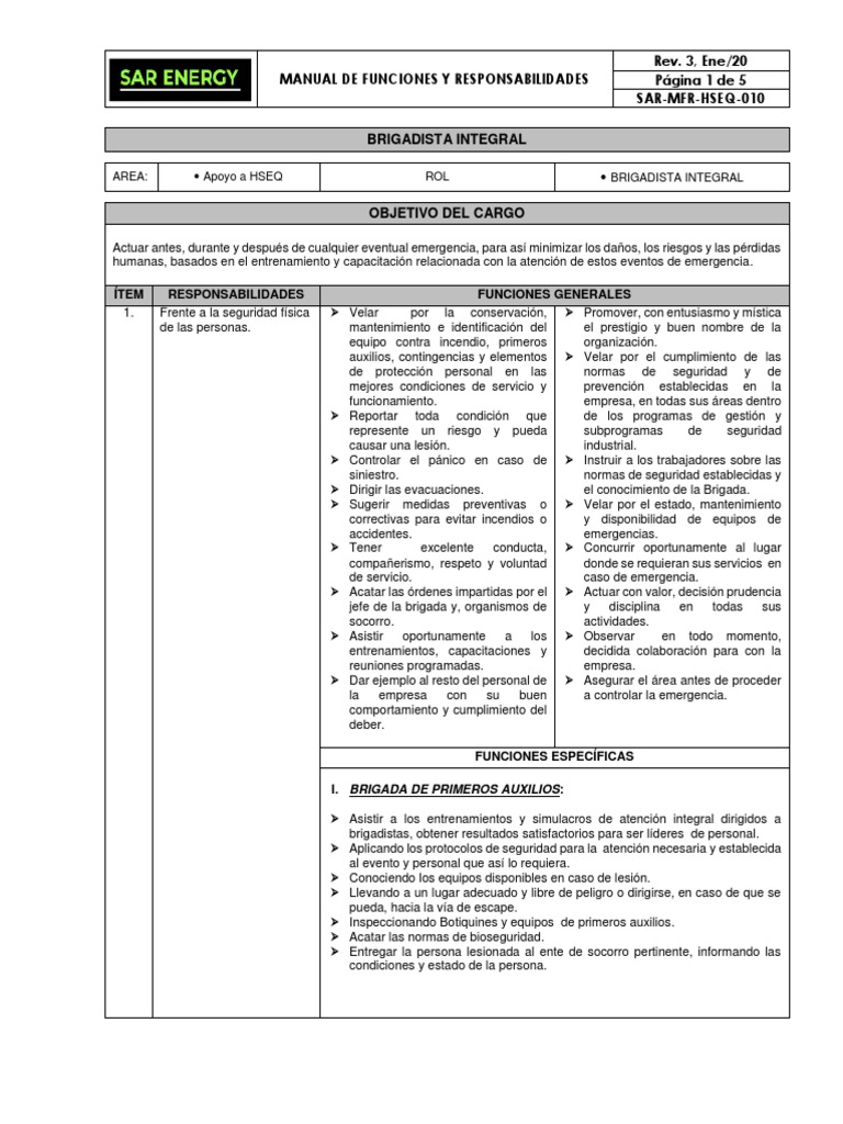 SAR-MFR-HSEQ-010 BRIGADISTA INTEGRAL Rev. 3 | PDF | Seguridad | Primeros auxilios