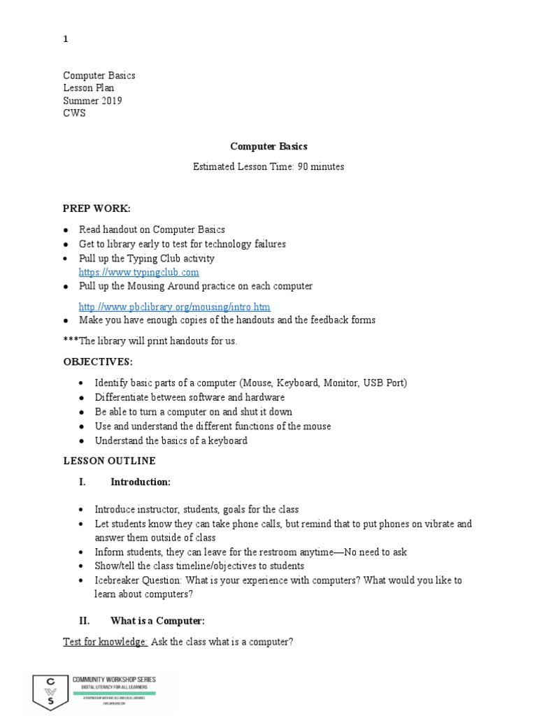 Computer Basics Lesson Plan One | PDF | Personal Computers | Computer ...