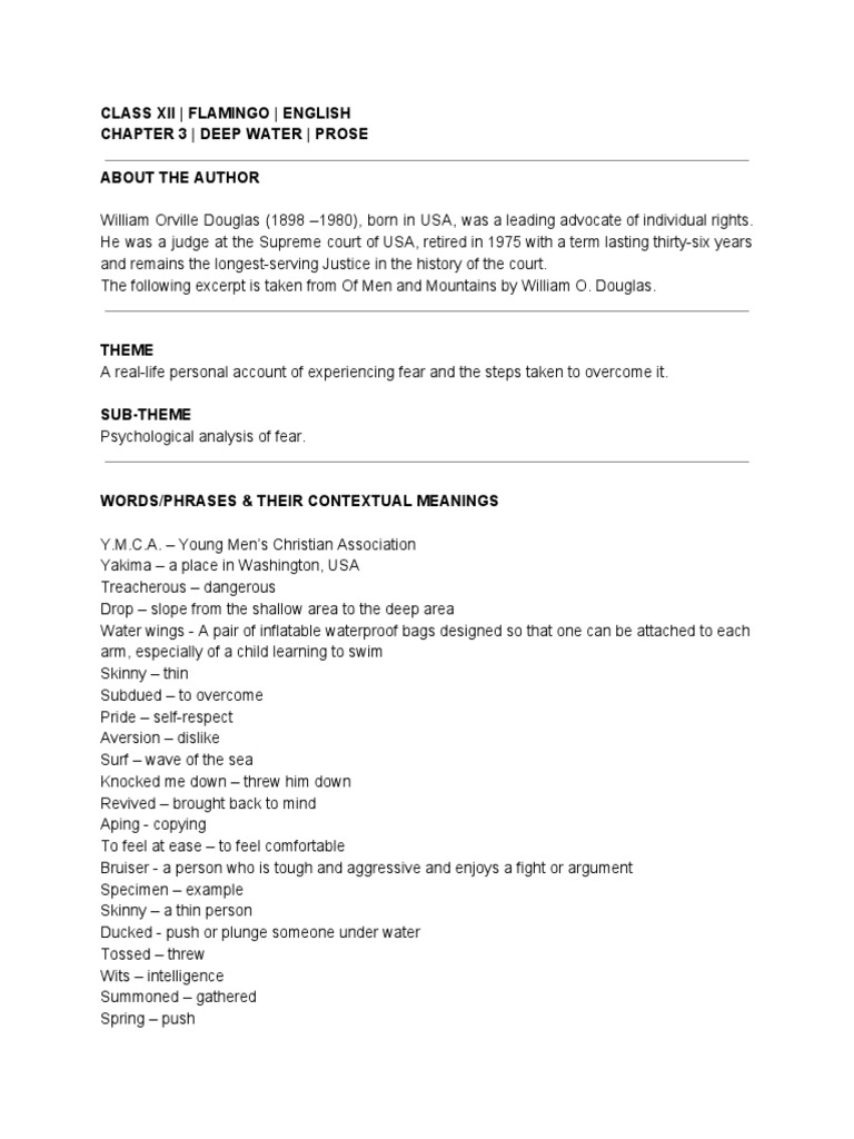 Deep Water Flamingo Class 12 | PDF | Swimming | Nature