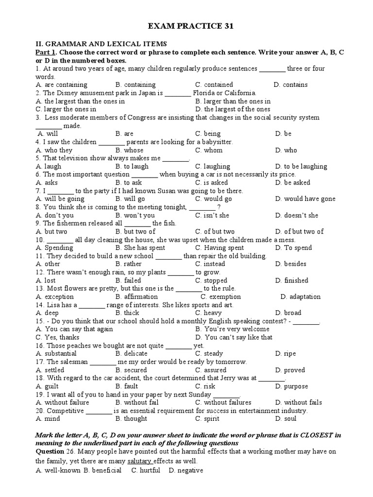 Analyzing Grammar, Vocabulary, and Reading Skills in an English Exam ...
