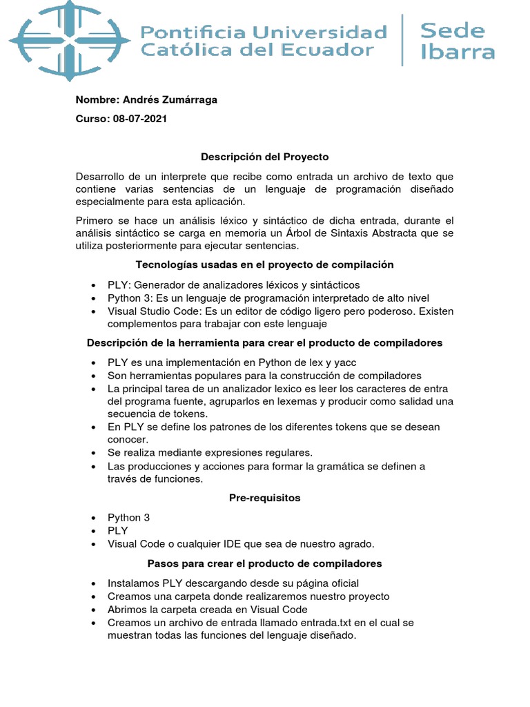 Intérprete Sencillo Utilizando PLY Con Python 3 | PDF | Compilador | Lenguaje de programación