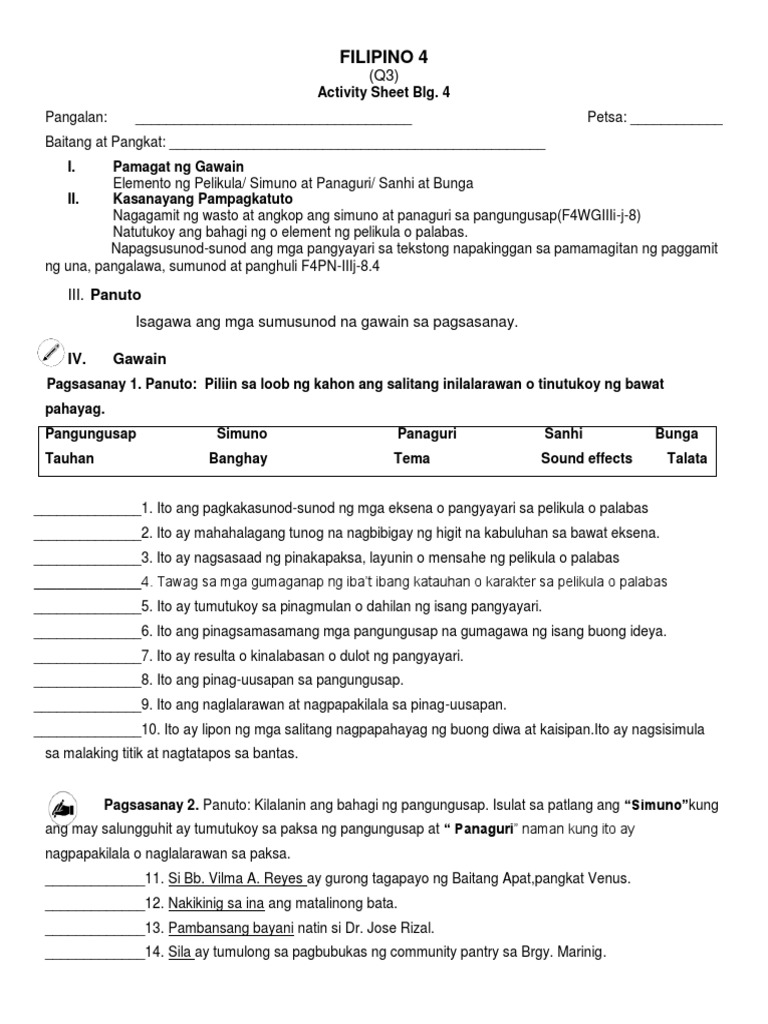 Filipino Activity Sheet No. 4 Q3 1 | PDF