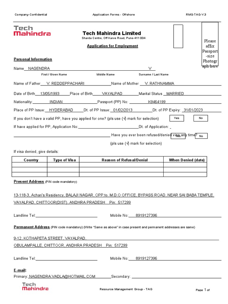 Employment Application Form - Tech Mahindra | PDF | Business